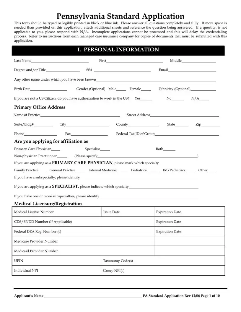 Fillable Pennsylvania Standard Application Form ️ Forms Pennsylvania